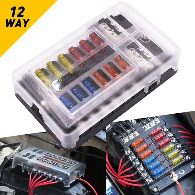 FUSE BOX + Negative Bus Blade Fuses Holder Block 12Way LED For Car Boat ...
