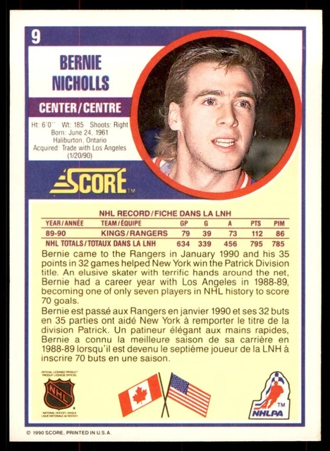 1990-91 SCORE CANADIEN Bernie Nicholls. Rangers de New York #9 EUR 2,04 ...