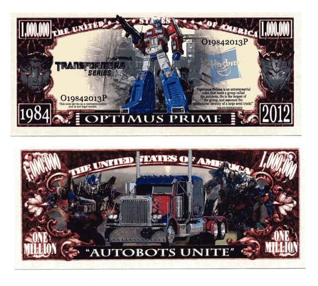 TRANSFORMERS OPTIMUS Prime Million Dollar Bill $3.50 - PicClick AU