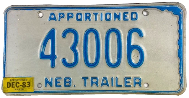 VINTAGE NEBRASKA 1983 Apportioned Trailer License Plate Man Cave Pub ...