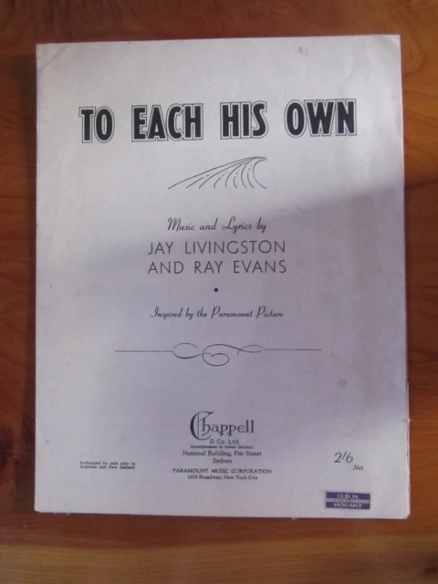 VINTAGE SHEET MUSIC To Each His Own Great **** Must See $2.00 - PicClick AU