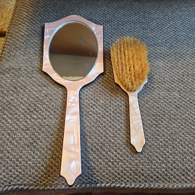 VINTAGE FRENCH IVORY?CELLULOID Handheld Curved Mirror and Hair Brush ...