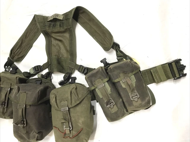 GENUINE BRITISH ARMY PLCE Olive Green Webbing Belt Yoke + 6 Pouches ...