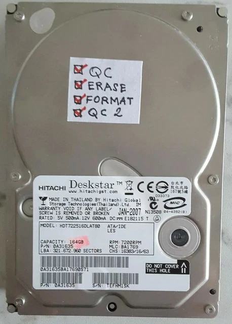HDD HITACHI 164 GB Deskstar SATA 3Gb/s IDE Hard Drive - Disque Dur 7200 RPM TBE EUR 5,70 ...