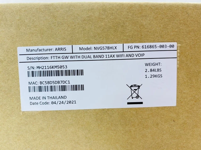 ARRIS NVG578HLX ZIPLY Fiber GPON Gateway WiFi 6 Wireless Router with ...