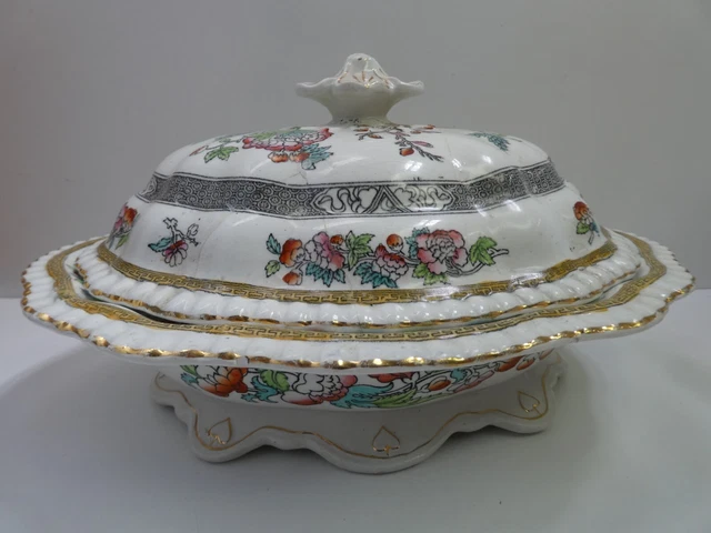 ANTIQUE WA&C WILLIAM Adams England Pottery Indian Tree Tureen Serving ...