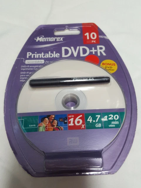 10 PACK MEMOREX Printable DVD+R + Marker 16x 4.7GB 120min $7.99 - PicClick