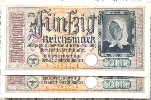 GERMAN BANKNOTE 2X 50 REICHSMARK 1939 -1945 SWASTIKA 3RD WW2 Money ...