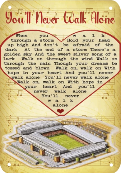 LIVERPOOL ANFIELD STADIUM You'll Never Walk Alone Word Heart Metal Sign ...