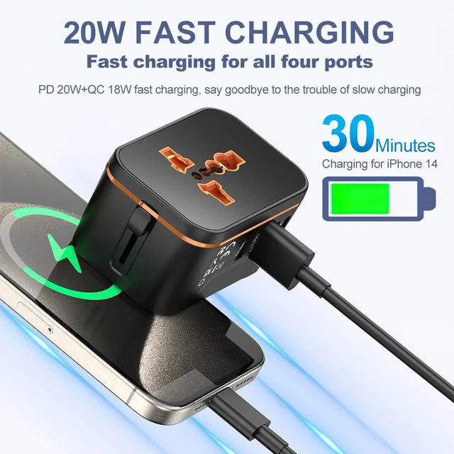 UNIVERSAL TRAVEL ADAPTER Worldwide Plug with 2 USB-A & 2 Type-C Fast ...