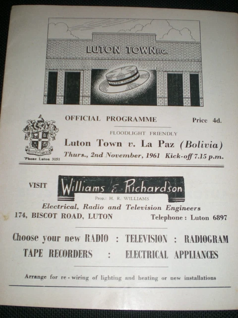 LUTON TOWN V LA PAZ BOLIVIA, 2nd NOVEMBER 1961, NO WRITING/STAPLES, VGC ...