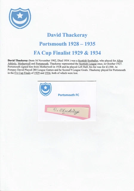 DAVID THACKERAY PORTSMOUTH 1928-1935 Very Rare Original Hand Signed Cutting/Card EUR 24,41 ...