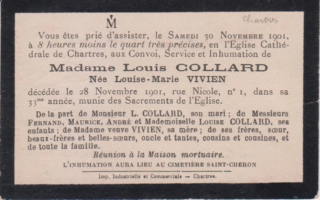 1901 DEATH ANNOUNCEMENT of Mrs. Louis COLLARD née Louise-Marie VIVIEN ...