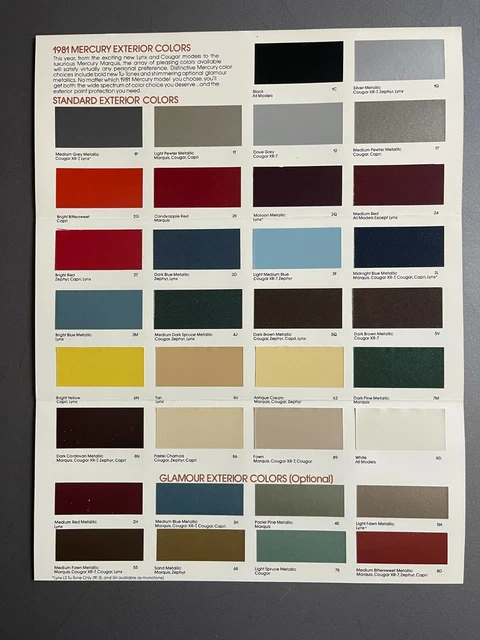 1981 MERCURY FULL Line Color Chart Showroom Advertising Sales Folder ...