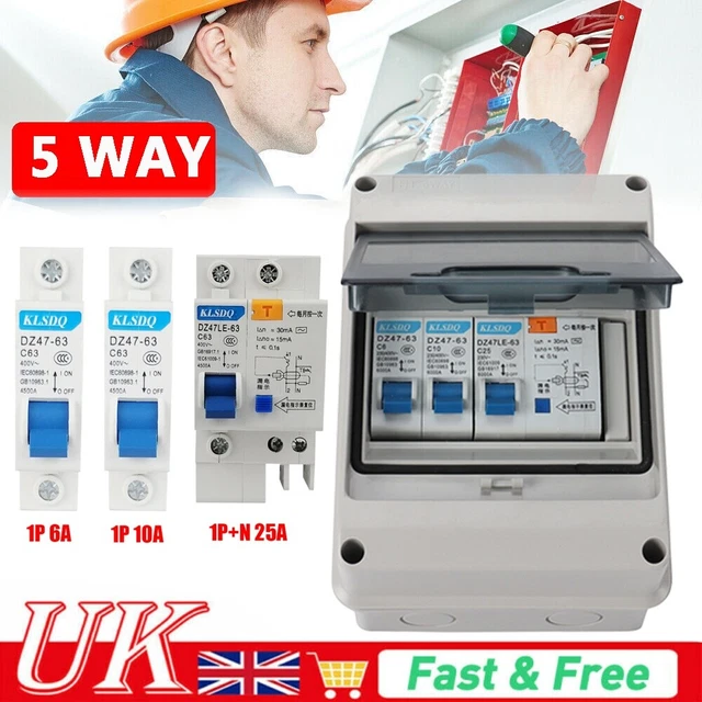 5 WAY RCD MCB Fuse Box Garage Caravan IP65 Weatherproof Unit Enclosure ...