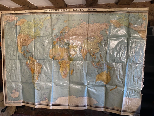 VINTAGE RUSSIAN SCHOOL WALL MAP THE WORLD GENUINE 1982 ART 224 X 156 cm ...