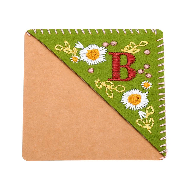EMBROIDERED CORNER BOOKMARK Flower Stitched Book Page Mark Green Letter ...