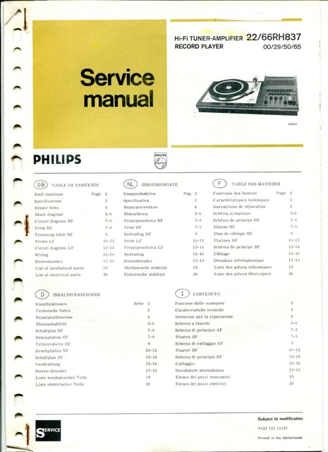 PHILIPS SERVICE MANUAL Record-player amplifier 22/66 RH 837 EUR 5,75 ...