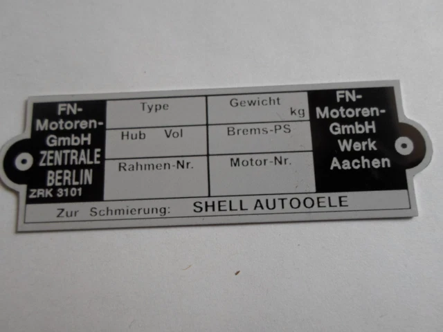 TYPENSCHILD FN MOTOREN ID-plate schild Oldtimer motorrad Aachen Berlin ...