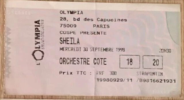 SHEILA - TICKET concert n° O 18 20 - Olympia Paris - Mercredi 30 ...