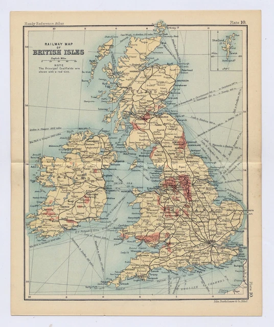 1912 ANTIQUE RAILWAY Map Of British Isles England Scotland Ireland ...