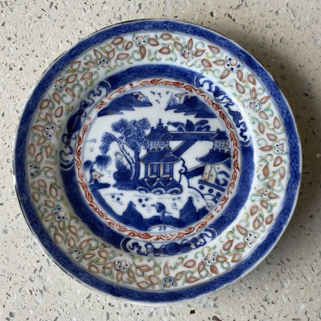 ANTIQUE CHINESE CANTON Export Blue White Porcelain Plate Famille Art ...