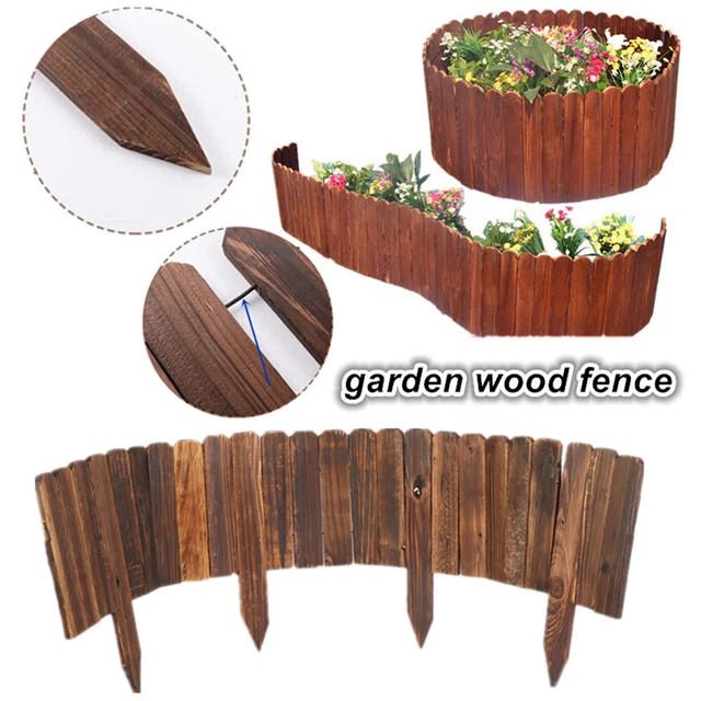 WOODEN PICKET FENCE Panel Log Roll Border Lawn Edging Spiked Log Flower ...