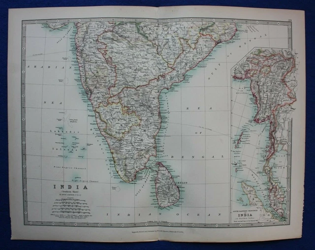 ORIGINAL ANTIQUE MAP SOUTHERN INDIA, SRI LANKA, CEYLON, A.K. Johnston ...
