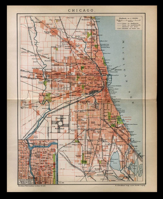 ORIGINAL ALTE LITHOGRAPHISCHE Tafel von 1900 CHICAGO Stadtplan Plan old ...