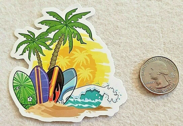BEACH SCENE WITH Four Boards Wave Palm Tree Sun Sticker Decal ...