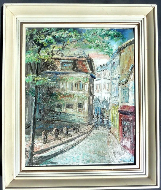 TABLEAU HUILE SUR toile signé , rue animée à Montmartre Paris EUR 115,00 - PicClick FR
