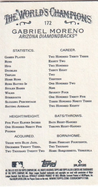 TARJETA MINI GABRIEL Moreno No. 172 Topps Allen & Ginter MLB 2025 EUR 1 ...