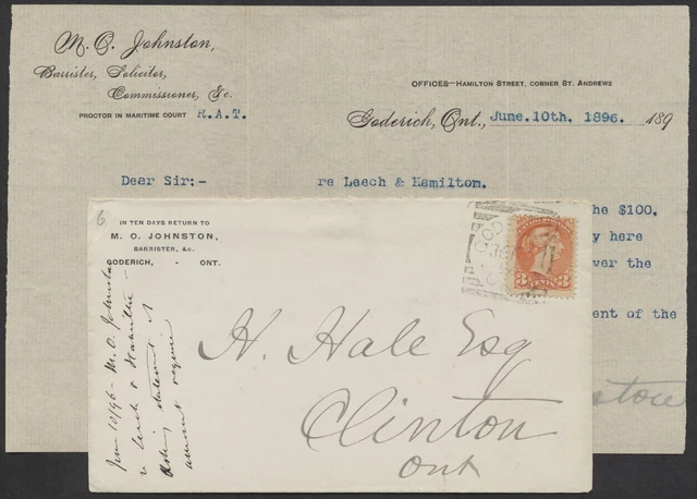 1896 GODERICH ONT Squared Circle On Barristers Cover to Clinton ...