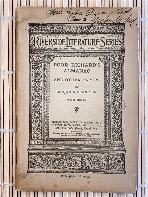 POOR RICHARD’S ALMANAC, Benjamin Franklin, Riverside Literature Series ...