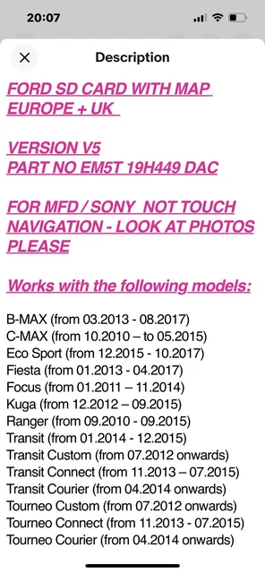 GENUINE FORD MFD SONY SD Card Kuga Focus Fiesta Sat Nav Map V5 EM5T ...