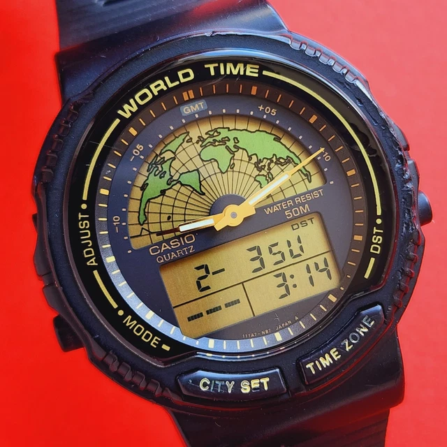 CASIO WORLD TIMER Watch Rare GMT Alarm Chronograph Cal 387 AW-21U Retro ...