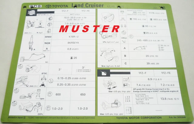 TOYOTA HILUX 1998 Diesel Inspection Sheet Setting Data WORKSHOP MANUAL ...