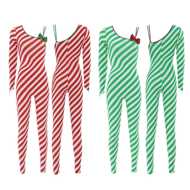 LADIES CHRISTMAS CANDY Cane Striped Unitard One Shoulder Shiny Bowknot ...