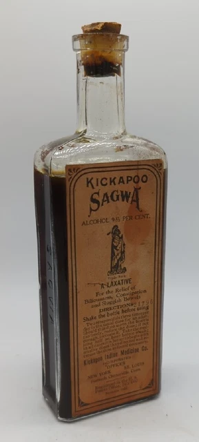 ANTIQUE KICKAPOO SAGWA Labeled Laxative Bottle Kickapoo Indian Medicine ...