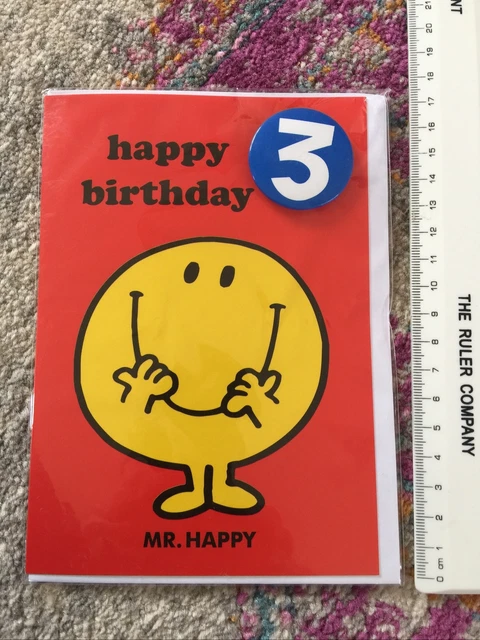 MR MEN LITTLE Miss Happy Birthday Card Little Mr Happy With 3 Badge £2. ...