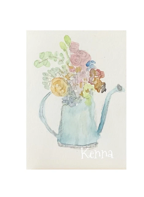 PAINTING ACEO ATC Artist Trading card by Kenna Watering Can & Flowers ...