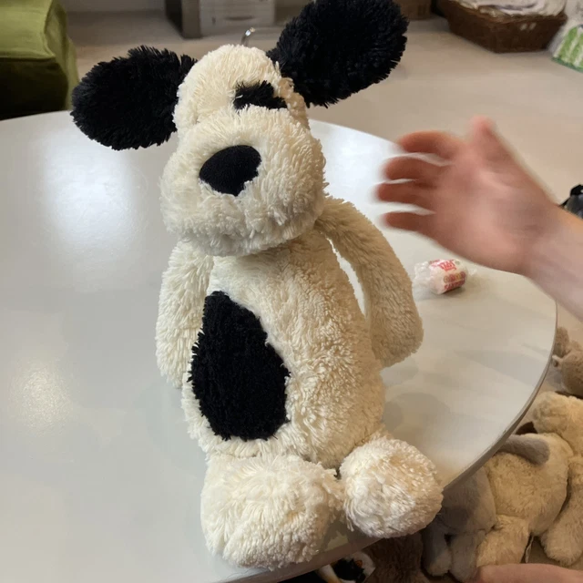 JELLYCAT MEDIUM BASHFUL Puppy Black & Cream Patch Dog Plush Collectable ...