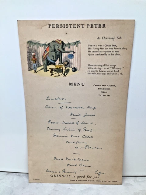 ORIGINAL GUINNESS MENU CARD, PERSISTENT PETER, 1940s £40.00 - PicClick UK