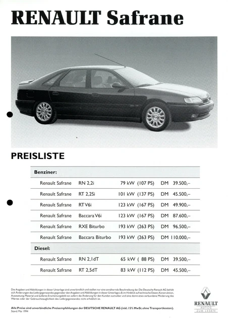 RENAULT SAFRANE PREISLISTE 1994 D price list prijslijst liste de prix ...