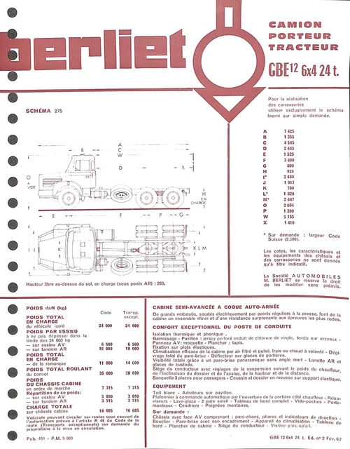 BERLIET / FICHE TECHNIQUE / CAMION PORTEUR TRACTEUR GBE 12 6X4 24 T de ...