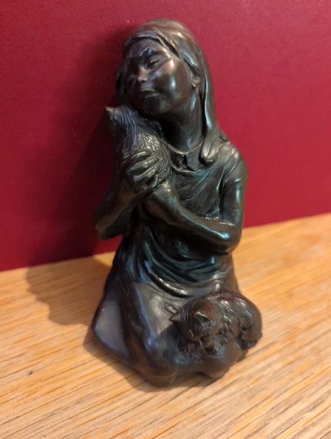 VINTAGE MENTON MANOR Cold Cast Bronze Figurine 'Girl with Kittens ...