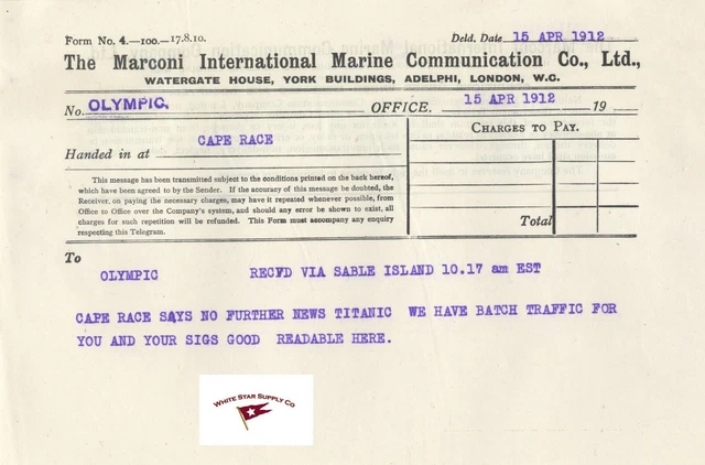RMS TITANIC PERHAPS The Saddest Marconi Telegram Ever Sent April 15 ...