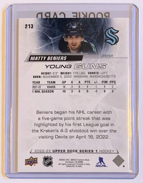 *MATTY BENIERS* 2022-23 Upper Deck *Young Guns* Rookie Card *Seattle ...