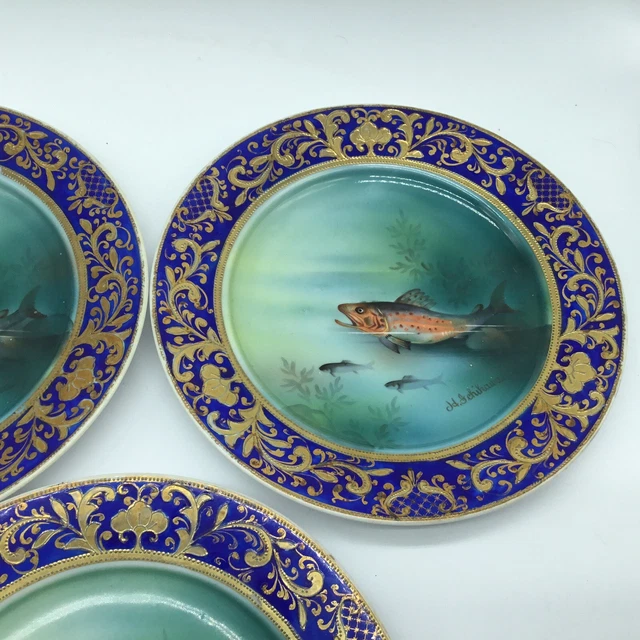 MEITO CHINA SCHRANKPLATTE Japan handbemalt mit Fisch stark vergoldeter ...