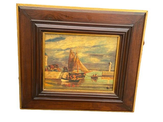 ANCIEN TABLEAU CADRE Bois Reproduction Marine Bateau Au Port Pas Huile Sur Toile EUR 30,00 ...
